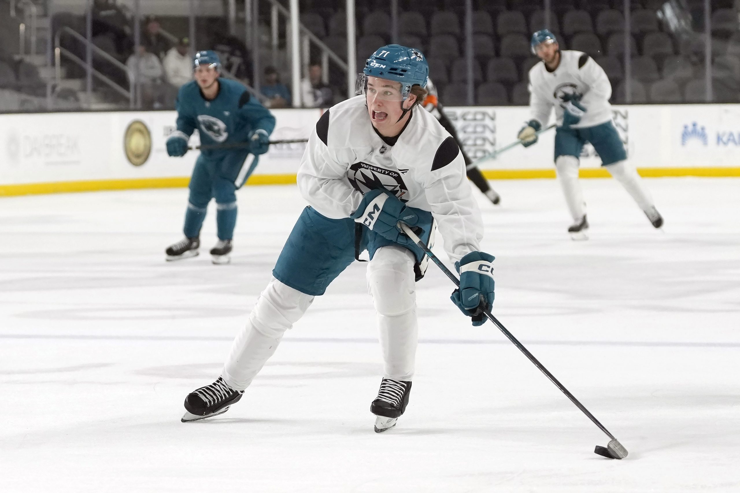 Celebrini makes his practice debut for the Sharks, while Couture waits ...